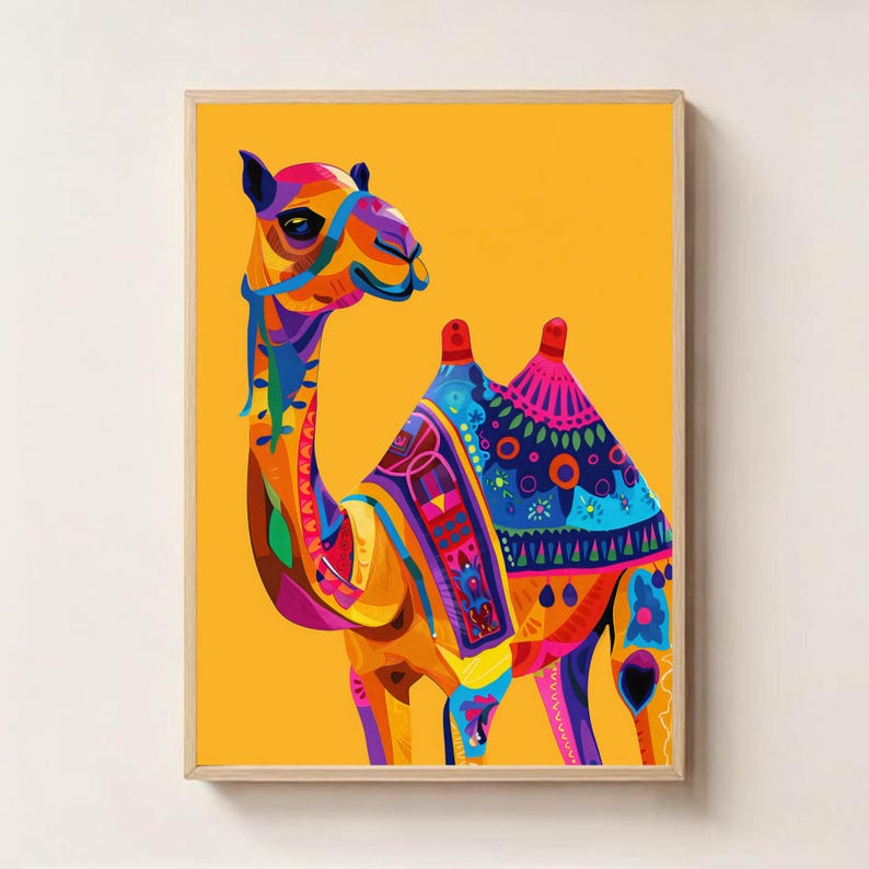 Colorful Camel Digital Print – Vibrant Camel Wall Art on Yellow, Boho ...
