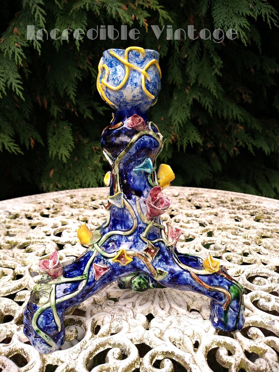 Vintage MAJOLICA Candlestick Handmade Hand Painted Candle Holder Signed ...