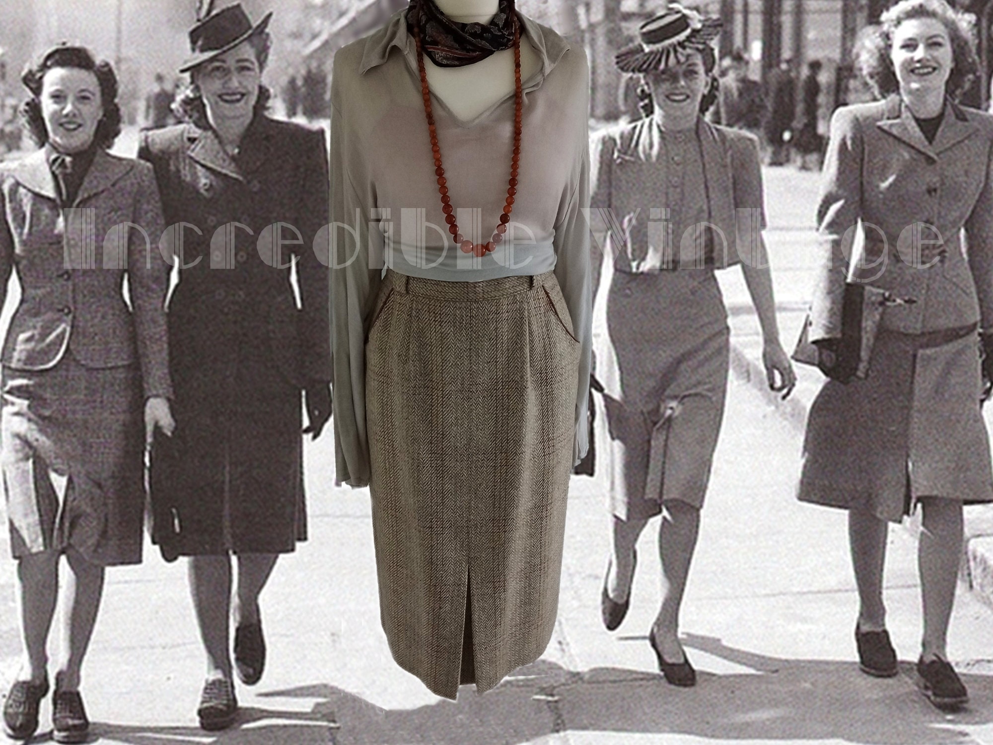 Vintage 1940s Style EQUORIAN Pure Wool Tweed Herringbone Skirt ...