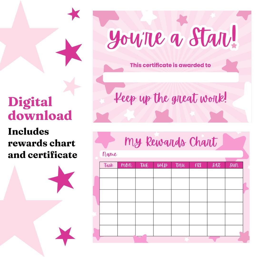 Children’s Reward Chart and Certificate: Pink Star Girly Design - Etsy