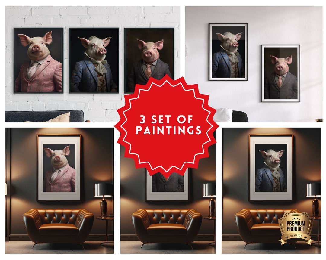 Set of 3 Dapper Pigs in Stylish Outfits Painting, Digital Art Print Set ...