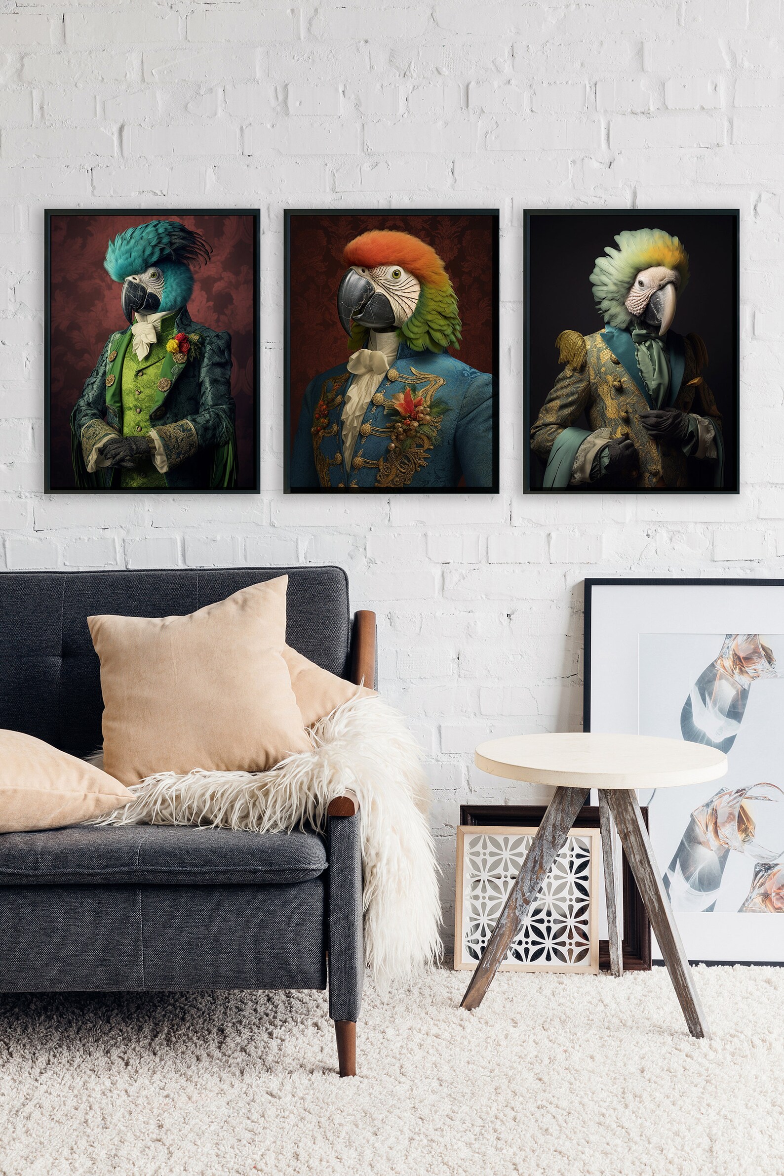 Set of 3 Elegant Parrots in Formal Attire Painting, Digital Art Print ...