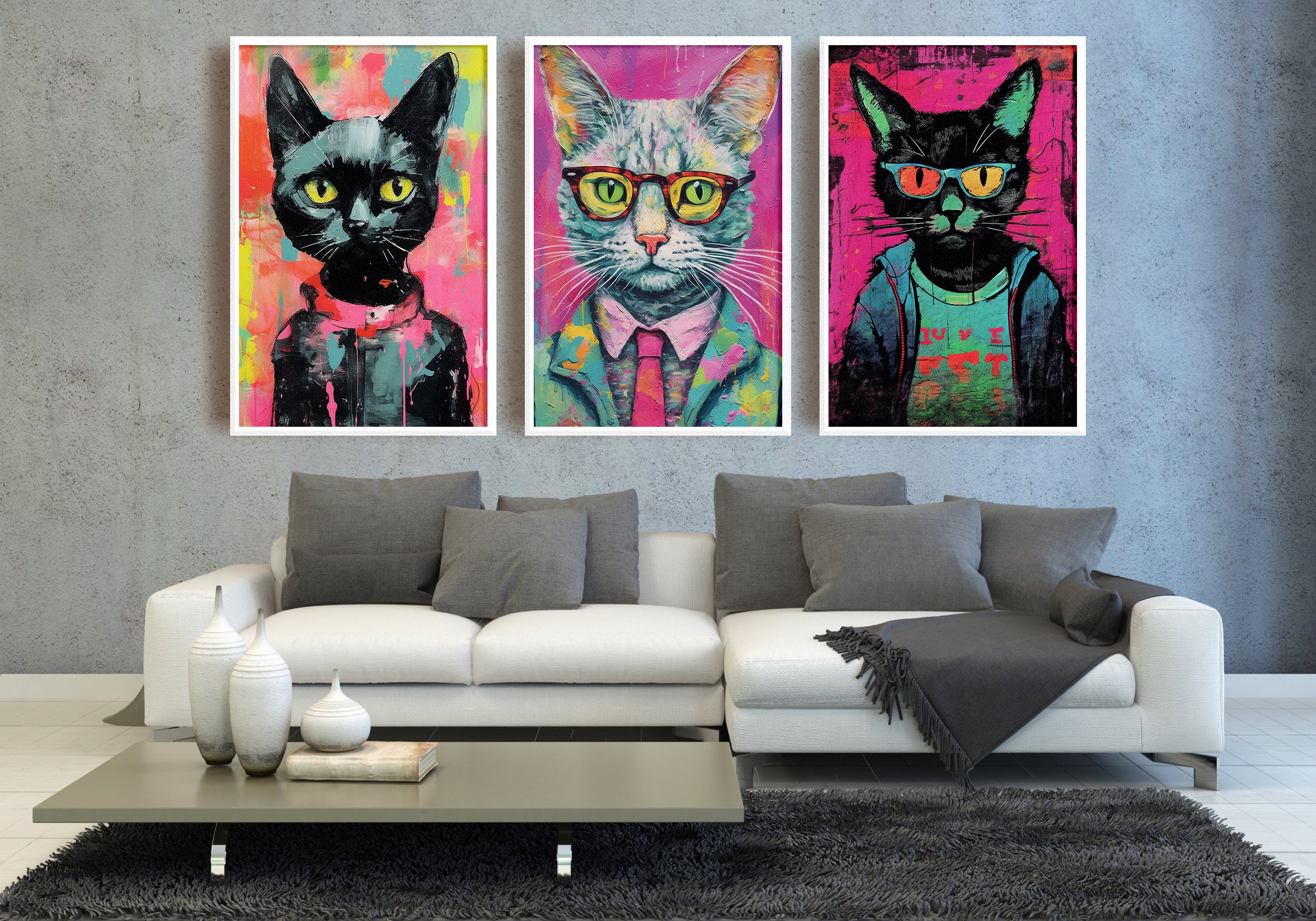 Set of 3 Dressed-up Cat Trio, Fun Digital Art Prints, Cats in Suit and ...