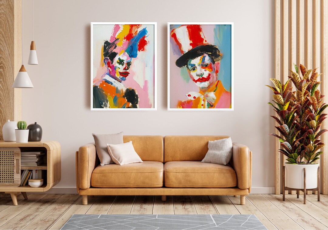 Set of 2+1 Clown Portraits, Clown Wall Art Set of 3, Vibrant Clown Art ...