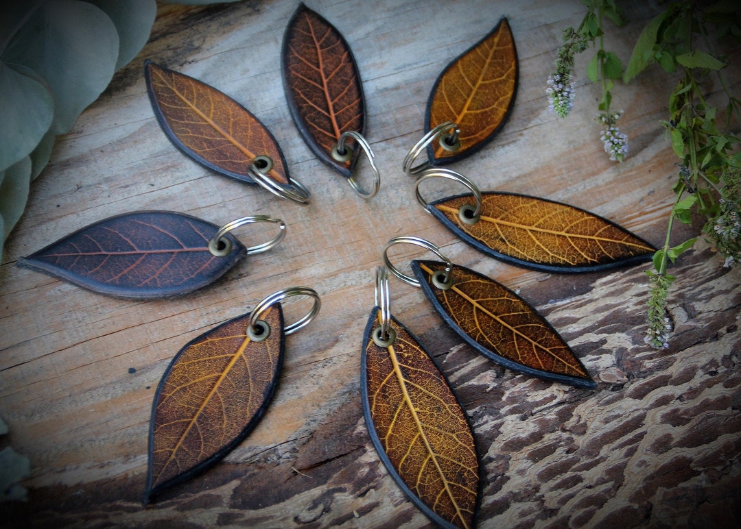Ochre Leaf Leather Key Ring - Etsy
