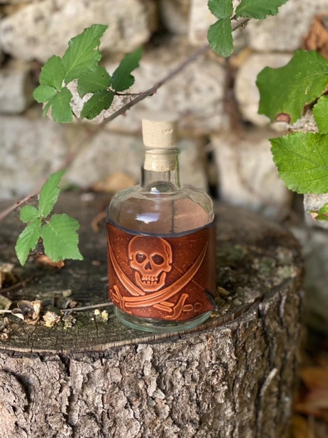 Pirate Flask, Glass Bottle Decorated With Carved Leather - Etsy