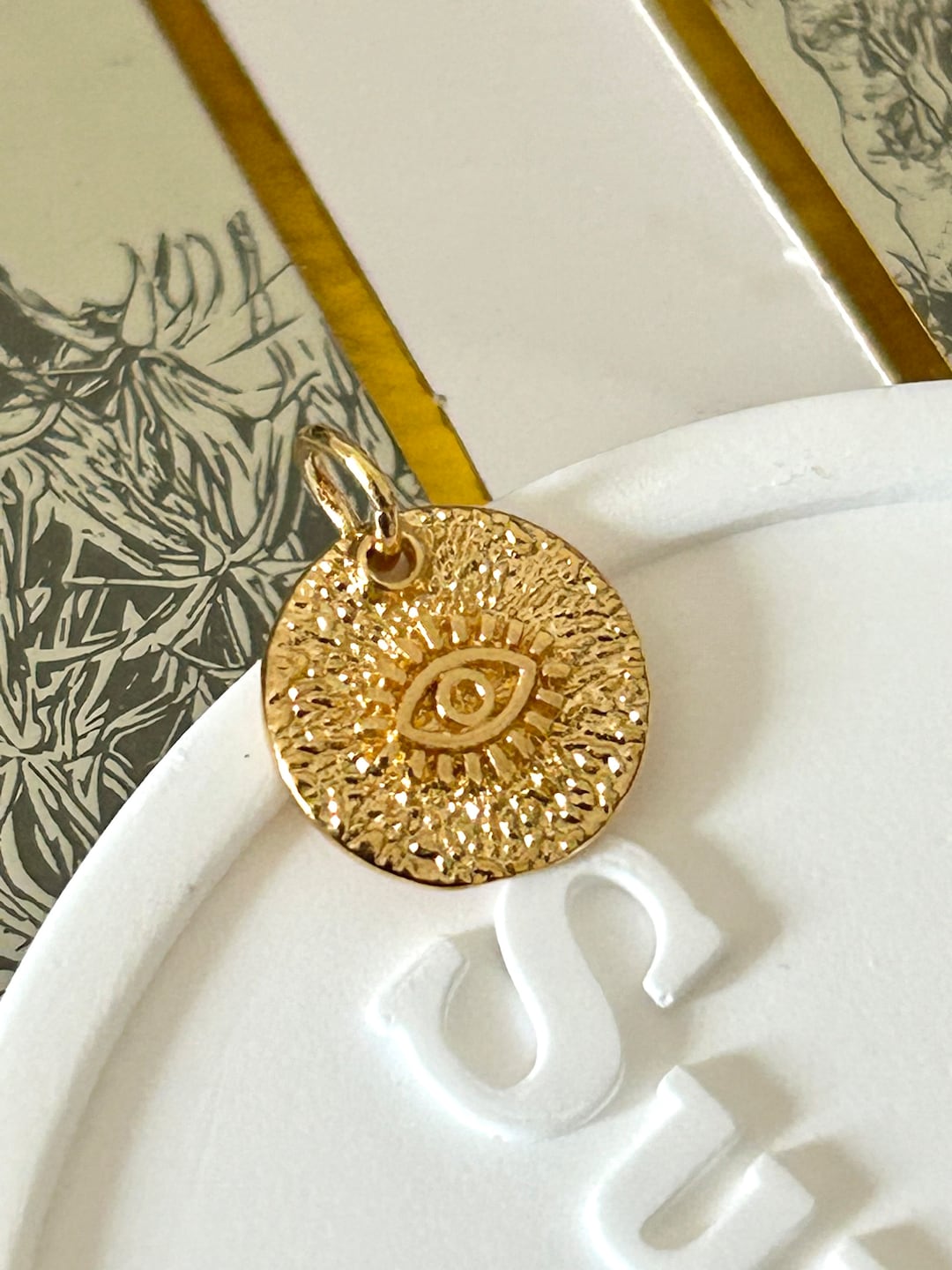 12mm Eye Medal in 24K Gold Plated, Evil Eye Pendant, Greek Eye, Turkish ...