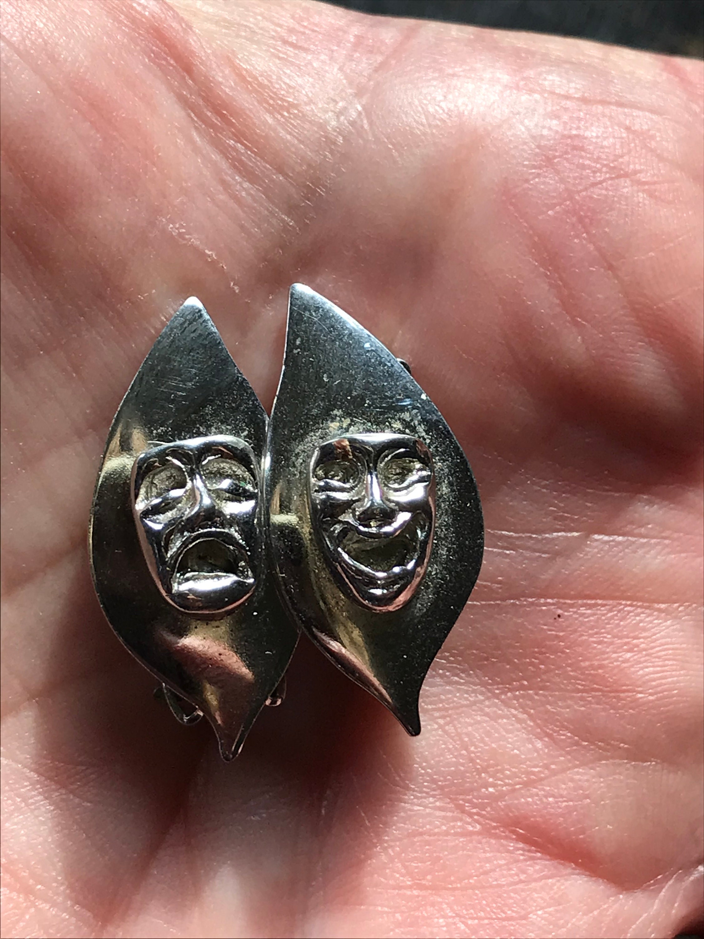 Vintage Silver Tone Metal Theatre Tragedy Mask Clip on Earrings - Etsy UK