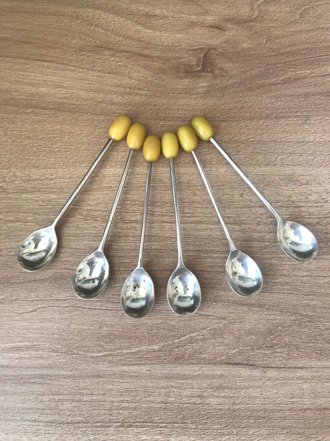 Vintage Set of 6 Yellow Bean End Spoons Electro Plated Nickel Silver ...
