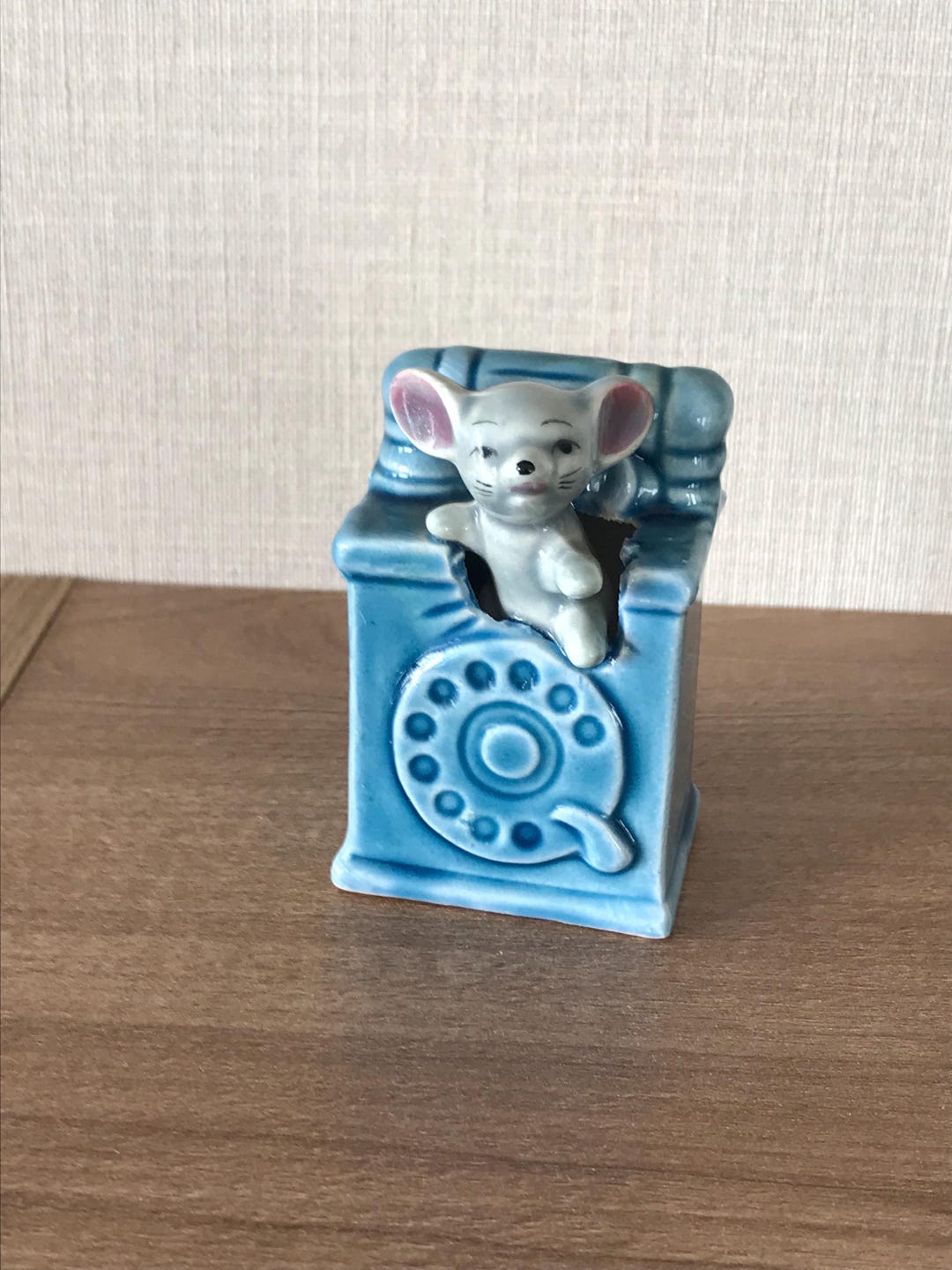 Vintage Kitsch Ceramic Mouse in a Telephone Toothpick Holder/ Ornament ...