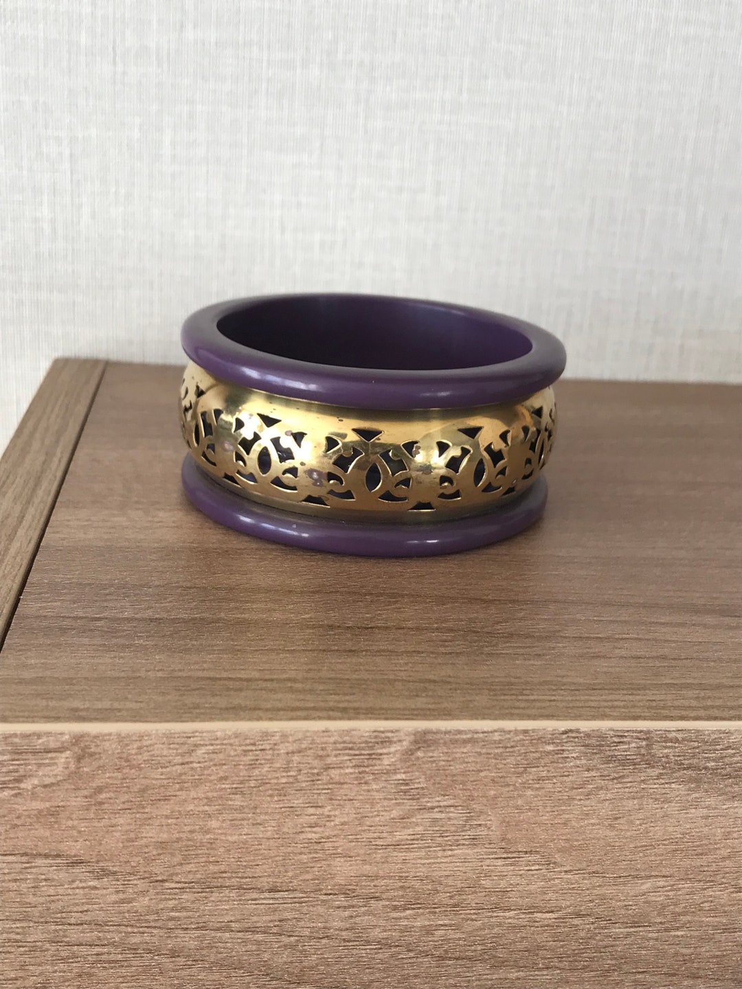 Vintage Jumbo Purple Circular Plastic Bangle With a Pierced Brass ...
