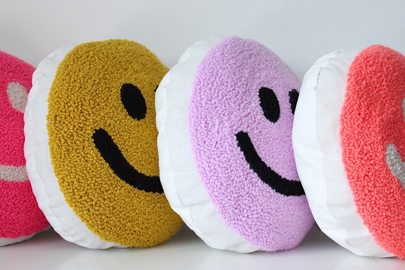 Handmade Raspberry Pink Punch Needle Smiley Face Cushion - Etsy