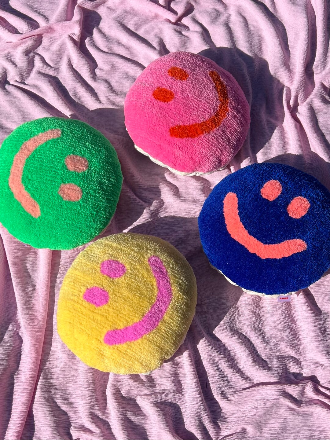 Handmade Tufted Royal Blue and Shrimp Smiley Face Cushion - Etsy