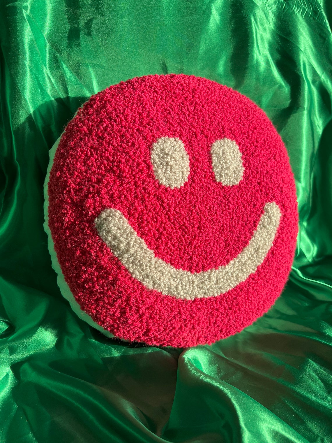 Handmade Raspberry Pink Punch Needle Smiley Face Cushion | Etsy