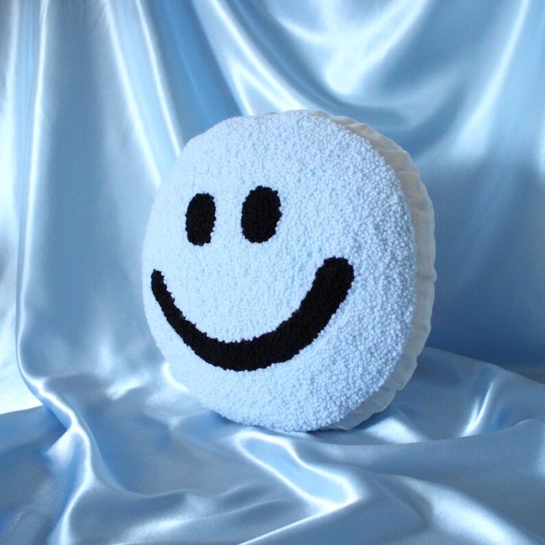 Handmade Sky Blue Punch Needle Smiley Face Cushion Punch - Etsy