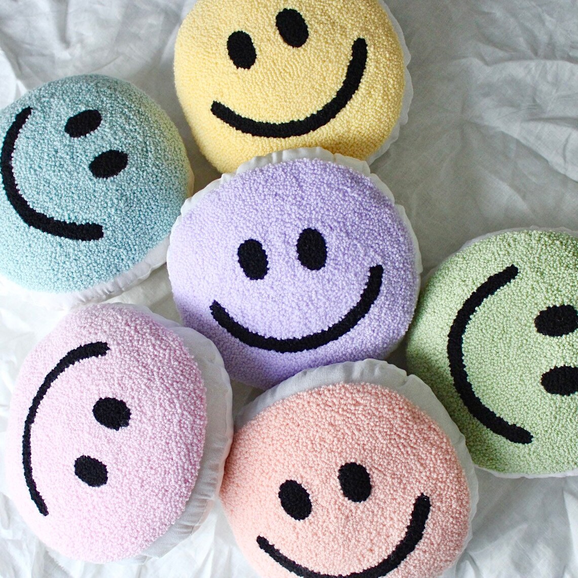 Handmade Sky Blue Punch Needle Smiley Face Cushion Punch - Etsy