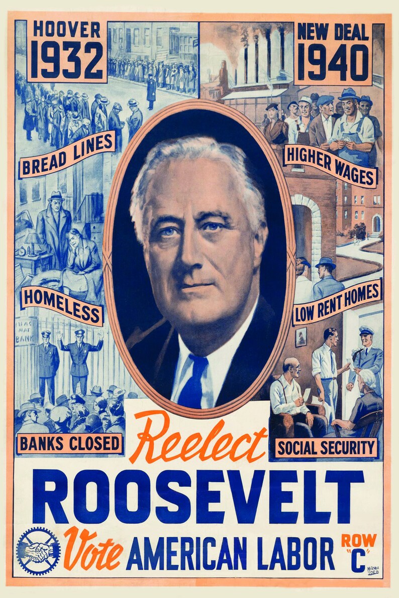 Reelect Roosevelt Vintage Campaign Poster 1940 | Etsy