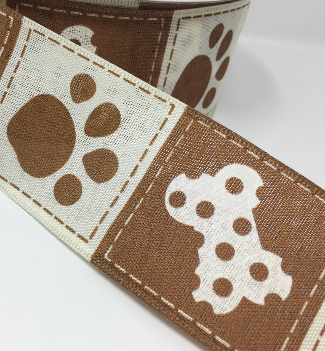 50 Yard Roll - 2.5” Brown and Ivory Ribbon With Doggie Paw Prints and ...