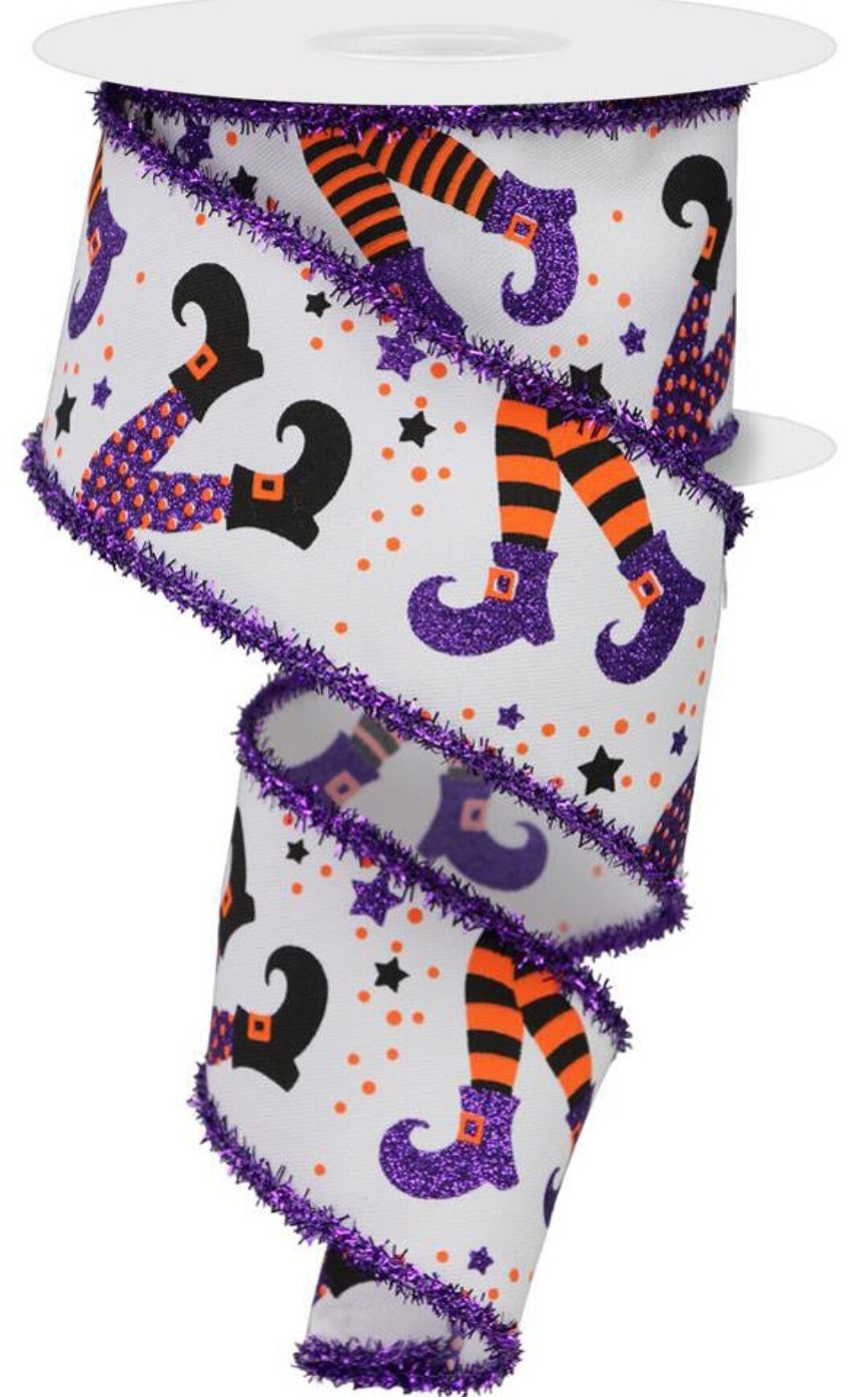 Wired Halloween Witch Leg Ribbon With Glitter Accent and Purple Tinsel ...