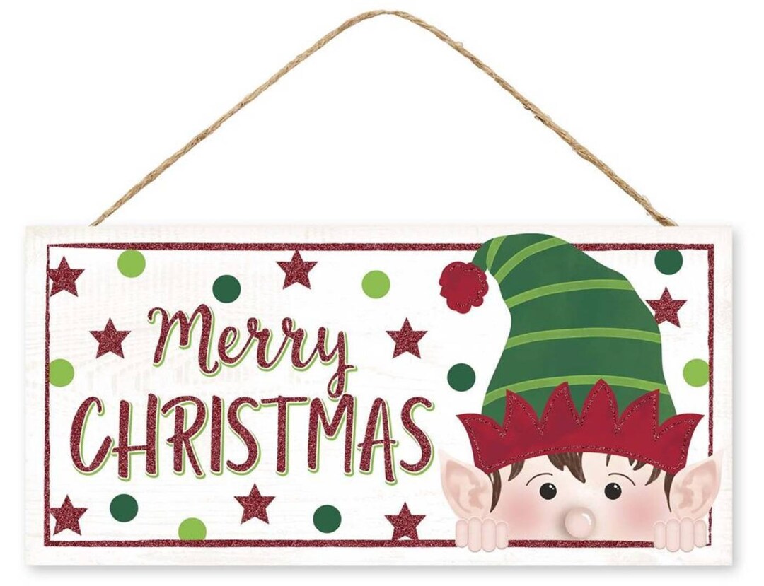 Merry Christmas Peeking Elf Wreath Sign With Red Glitter Accent ...