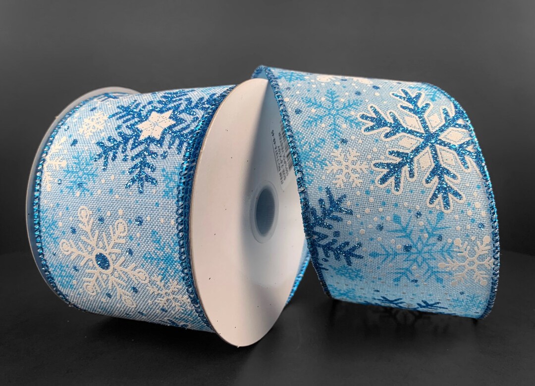 FREE SHIPPING 10 Yards 2.5 Wired Blue Sparkle Snowflakes Ribbon Winter ...