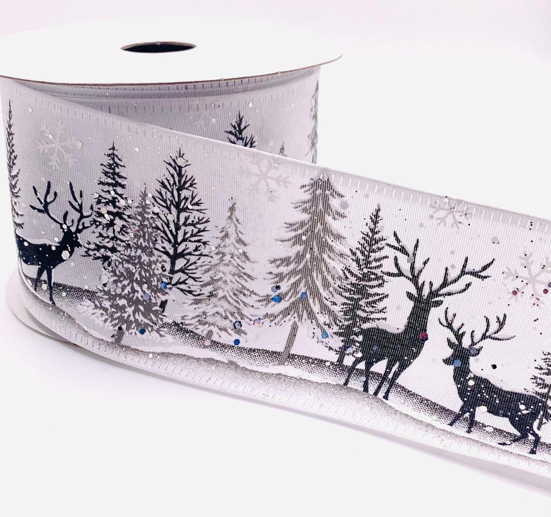 FREE SHIPPING 10 Yards 2.5 Wired White Satin Deer and Trees in Snow ...
