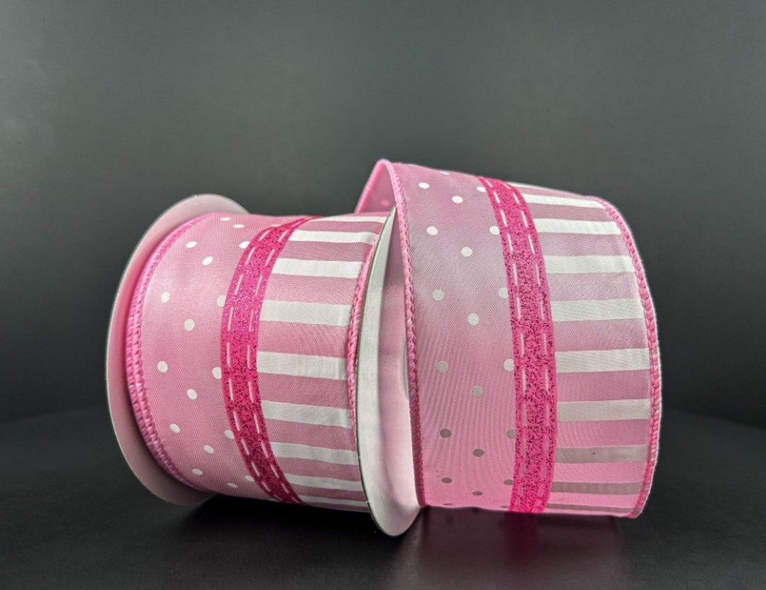 FREE SHIPPING - 10 Yards - 2.5" Wired Pink Satin and White Stripe Polka ...
