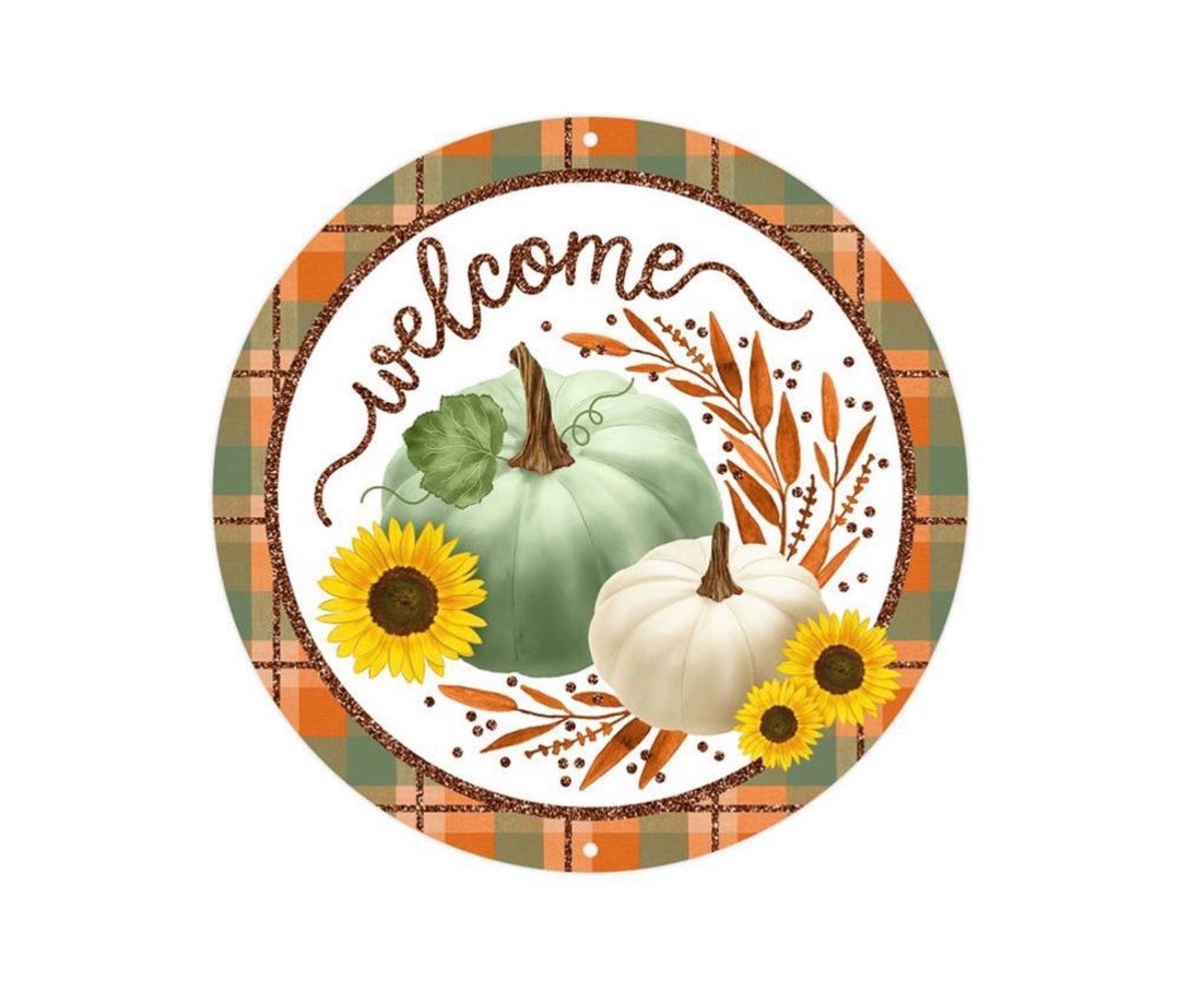 8” Round Metal Fall Welcome Pumpkin Wreath Sign With Glitter Accent - Etsy