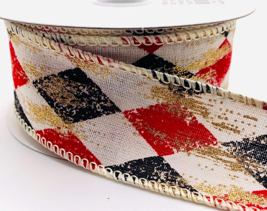 FREE SHIPPING - 10 Yards - 1.5” Wired Cream Canvas Black and Red Faded ...