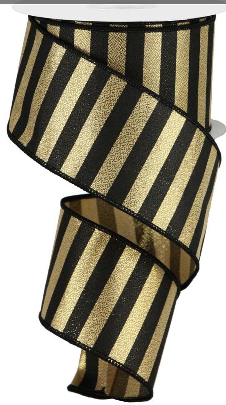FREE SHIPPING- 10 Yards - 2.5" Wired Black and Gold Metallic Stripe ...