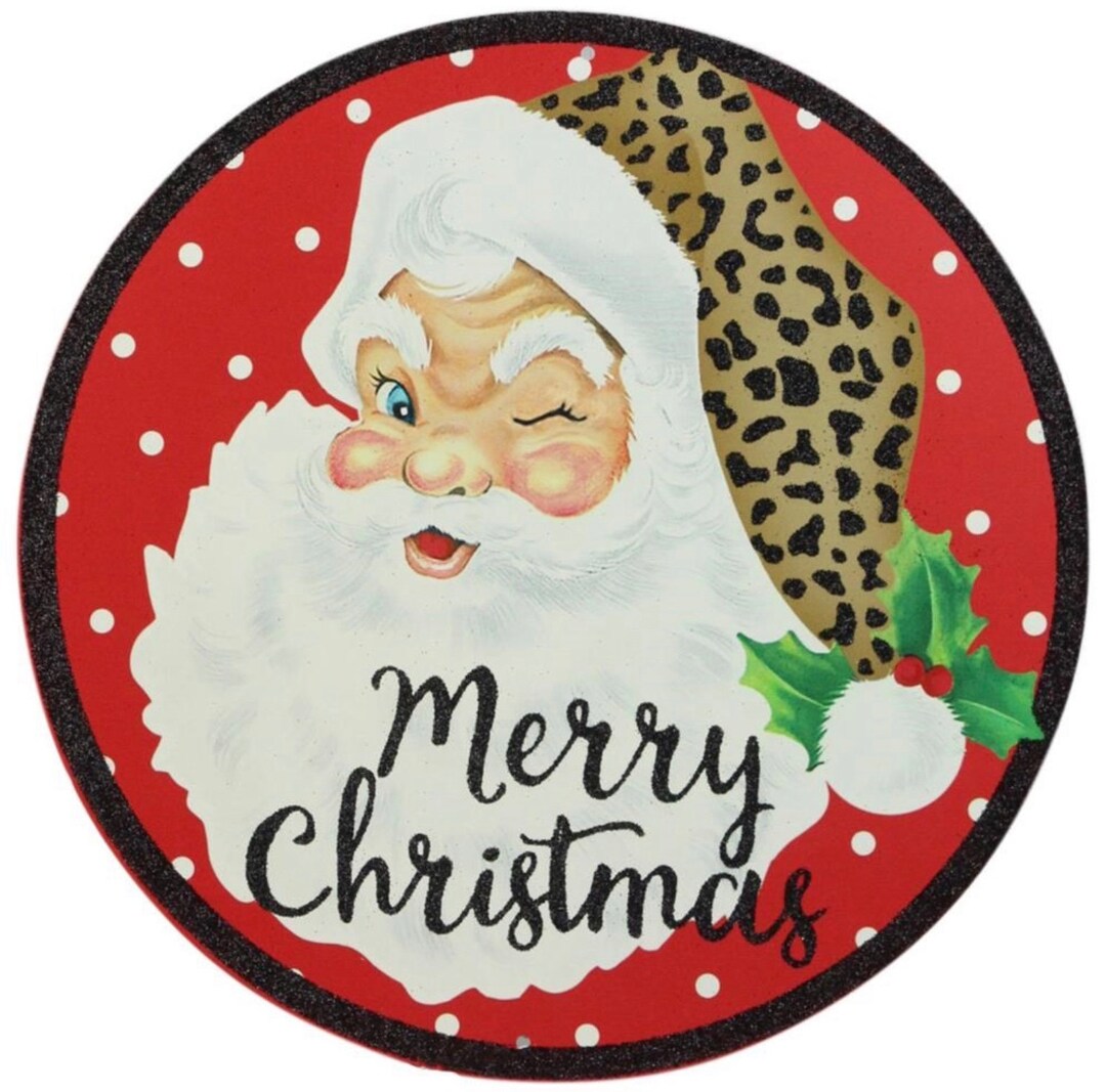 12 Round Metal Merry Christmas Santa Wreath Sign With Glitter Accent Etsy