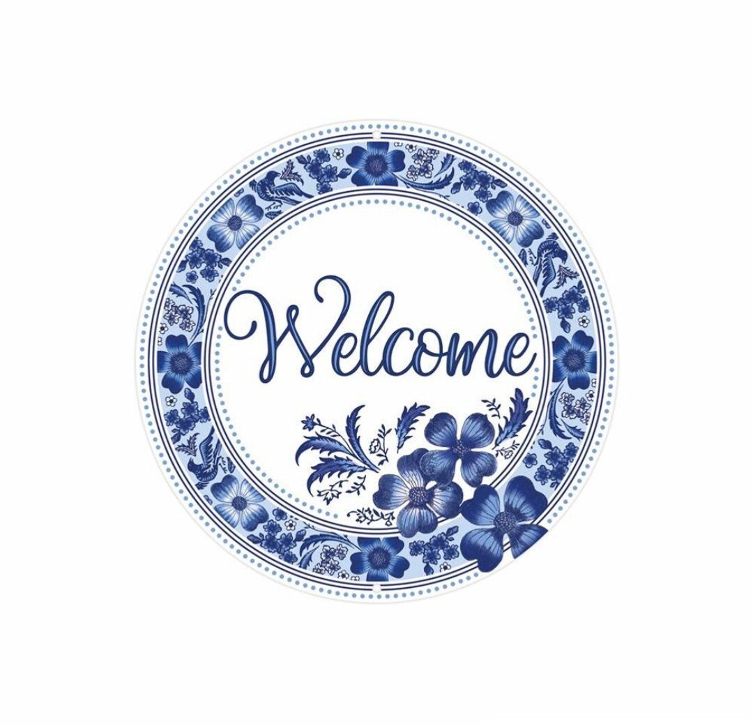 8" Round Metal Blue Floral Welcome Wreath Sign - Etsy