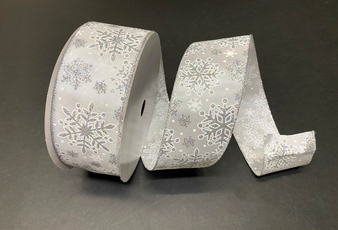 50 Yards 2.5 Wired White and Silver Sparkle Snowflakes Ribbon Winter ...
