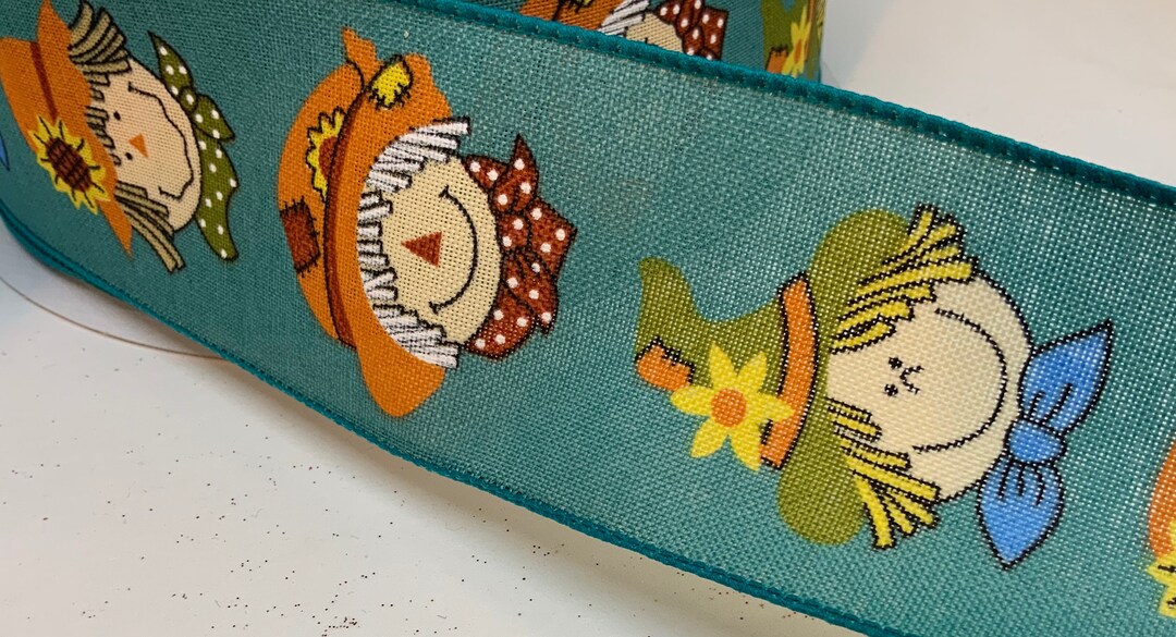 2.5" Wired 50 Yard Roll Teal Linen Ribbon With Scarecrow Faces ...