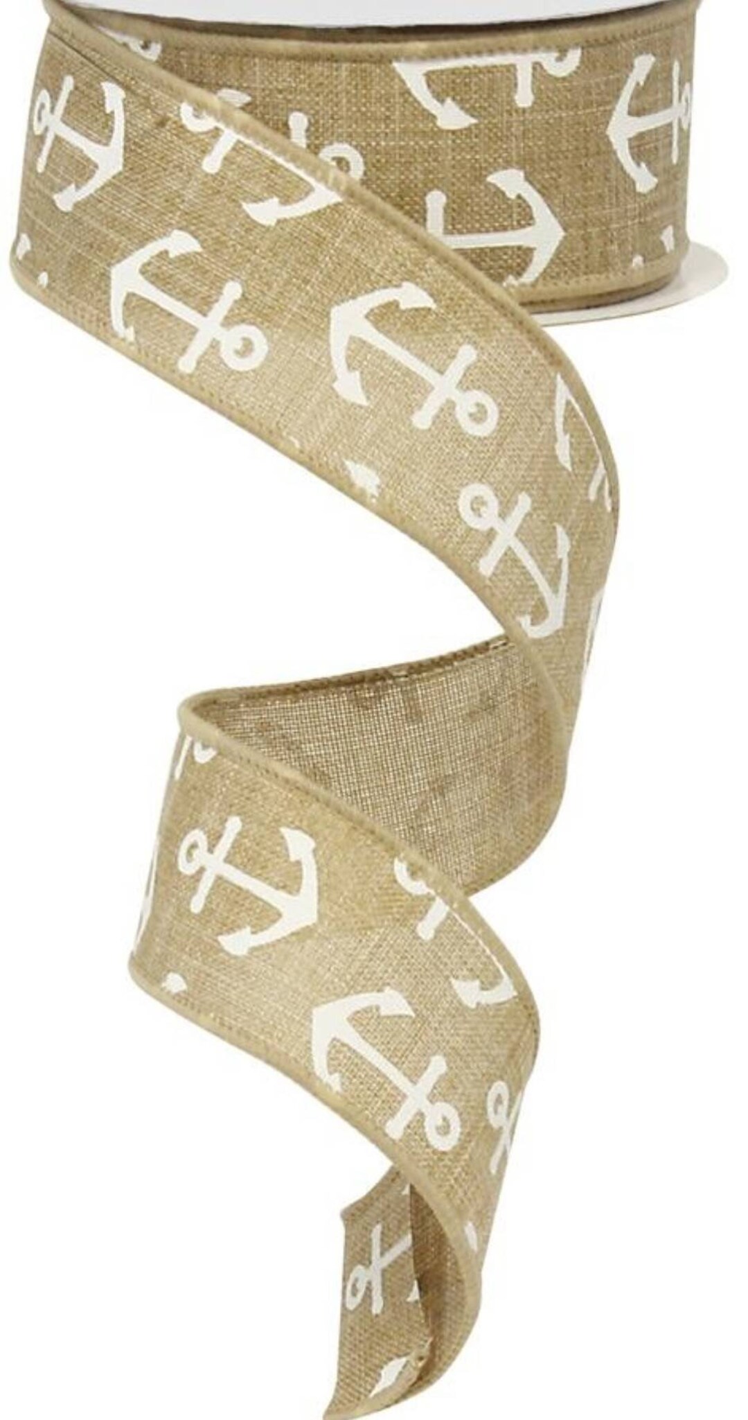 FREE SHIPPING - 10 Yards - 1.5" Wired Natural Anchor Ribbon - Nautical ...