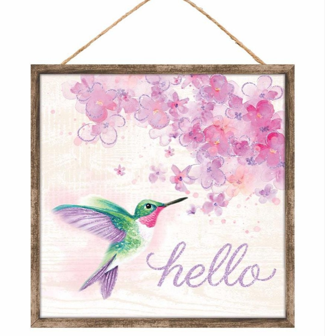 10 Square Hello Hummingbird Floral Sign With Glitter Accent Spring Sign ...
