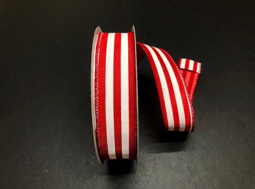 50 Yards - 1.5" Wired Red and White Horizontal Stripe Ribbon ...