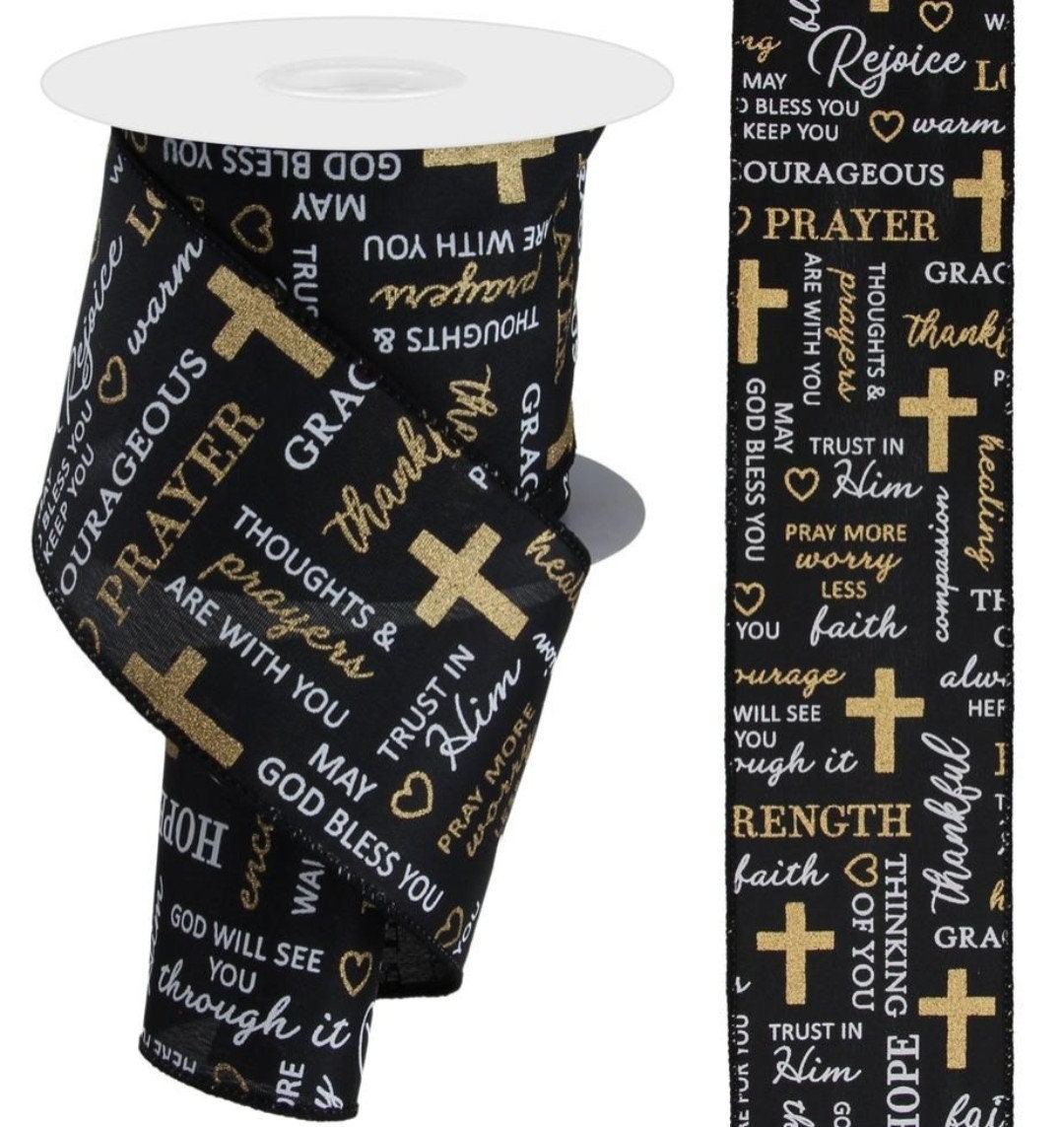 FREE SHIPPING 10 Yards 2.5 Wired Black, White, and Gold Religious ...
