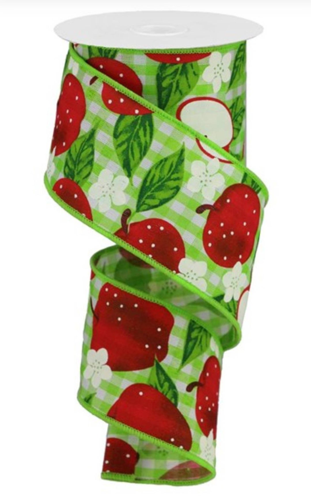 FREE SHIPPING 10 Yards 2.5 Wired Apple Ribbon on Lime and White Gingham ...