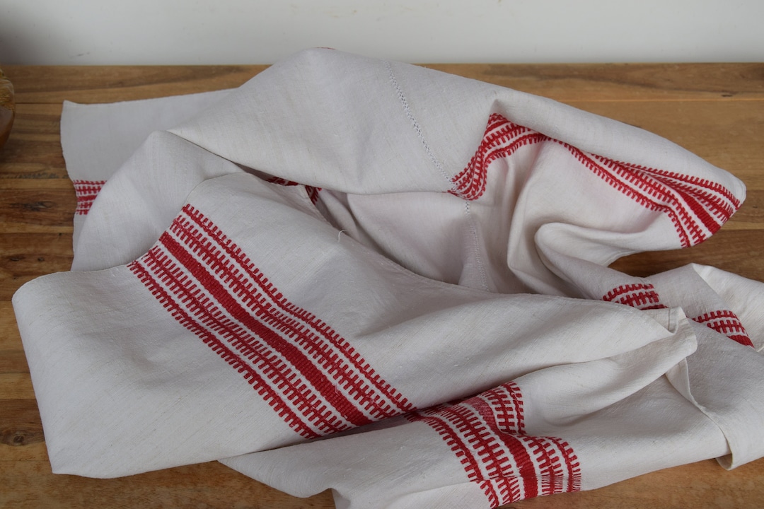 Antique Pure Hemp Tablecloth Red Stripes Homespun Hand Woven Handmade ...