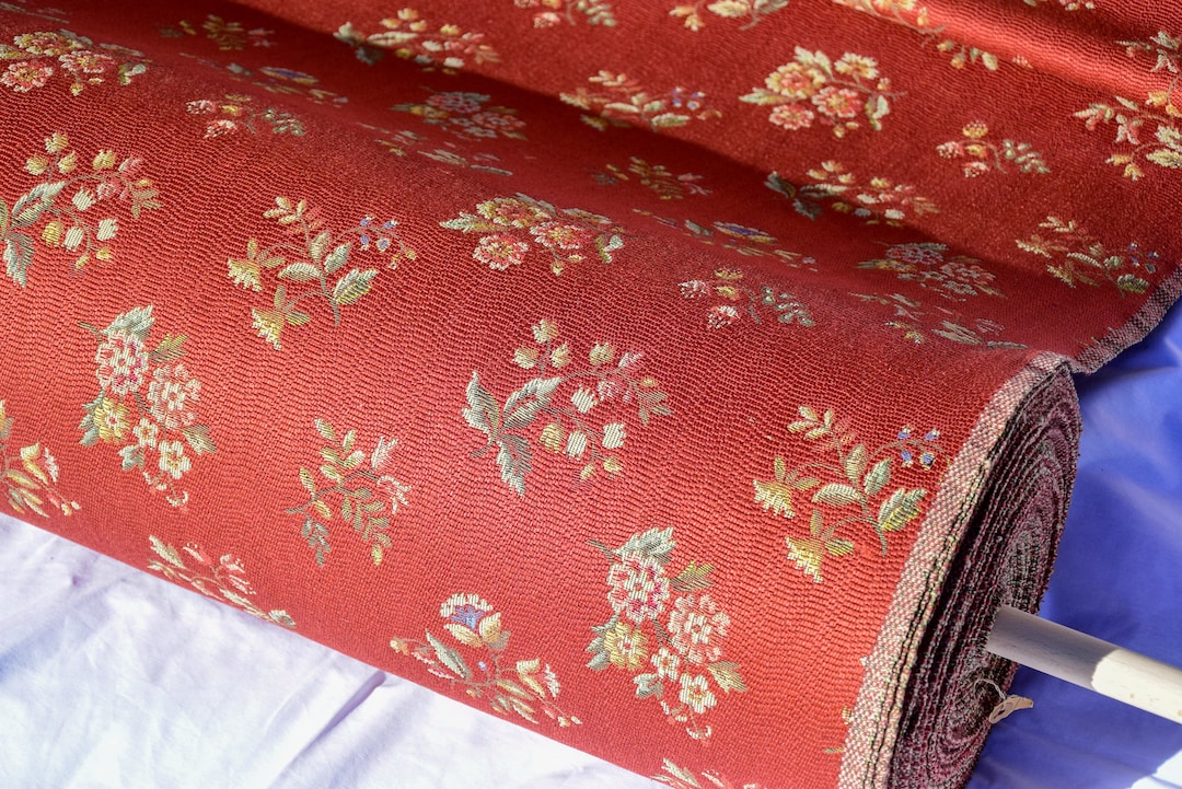 25m ~ (price/meter) Bolt Roll Rare Brick Red Extra Wide Floral Tapestry ...