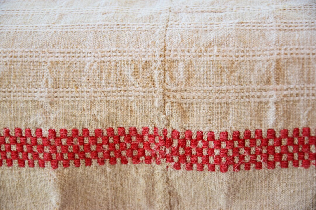 Antique Pure Hemp Tablecloth Red Stripes Homespun Linen Woven Center ...