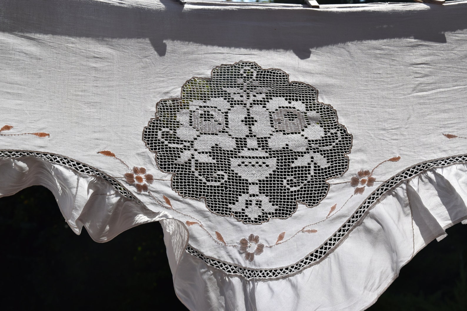 Antique French Handmade Batiste Curtain File Lace Flowers Embroidered ...