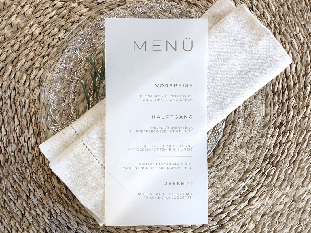 MENU CARD Made of Transparent Paper, DIN Long, Individual Design and ...