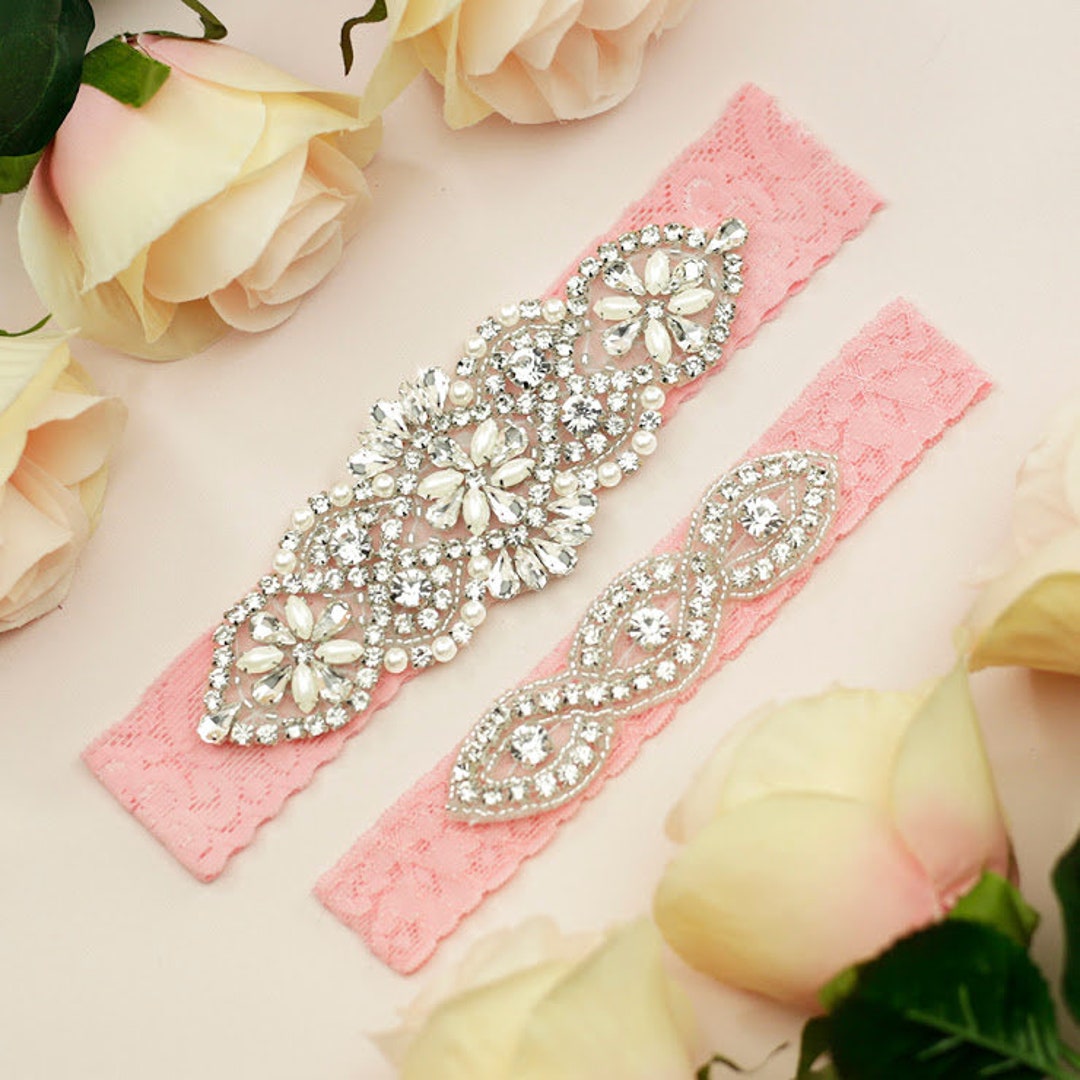 Pink Garter, Wedding Garter Set, Bridal Garter, Crystal Rhinestone ...