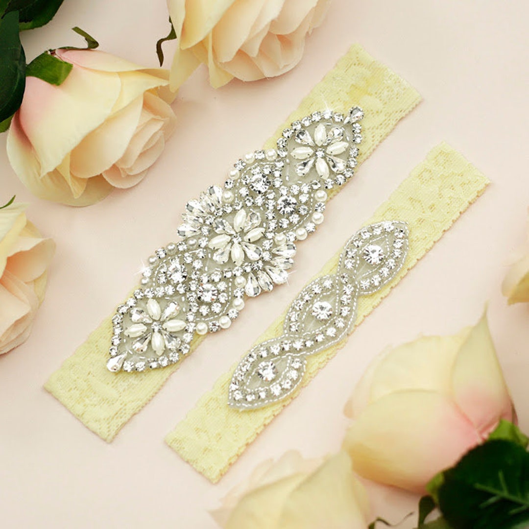 Light Yellow Garter, Wedding Garter Set, Lace Bridal Garter, Rhinestone ...