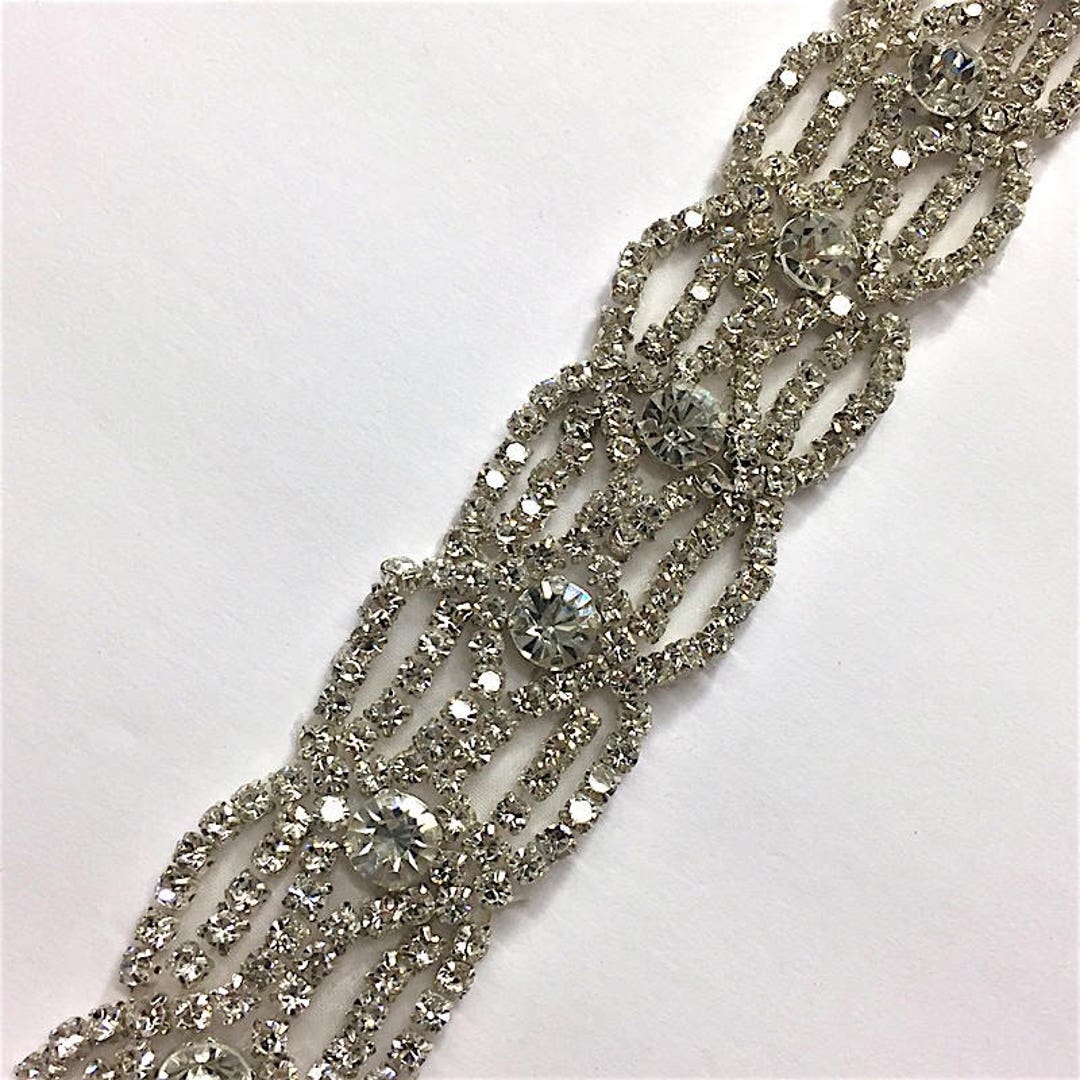 1 1/2" Crystal Beaded Rhinestone Trim Silver #QRGY6026 Bridal Beaded ...