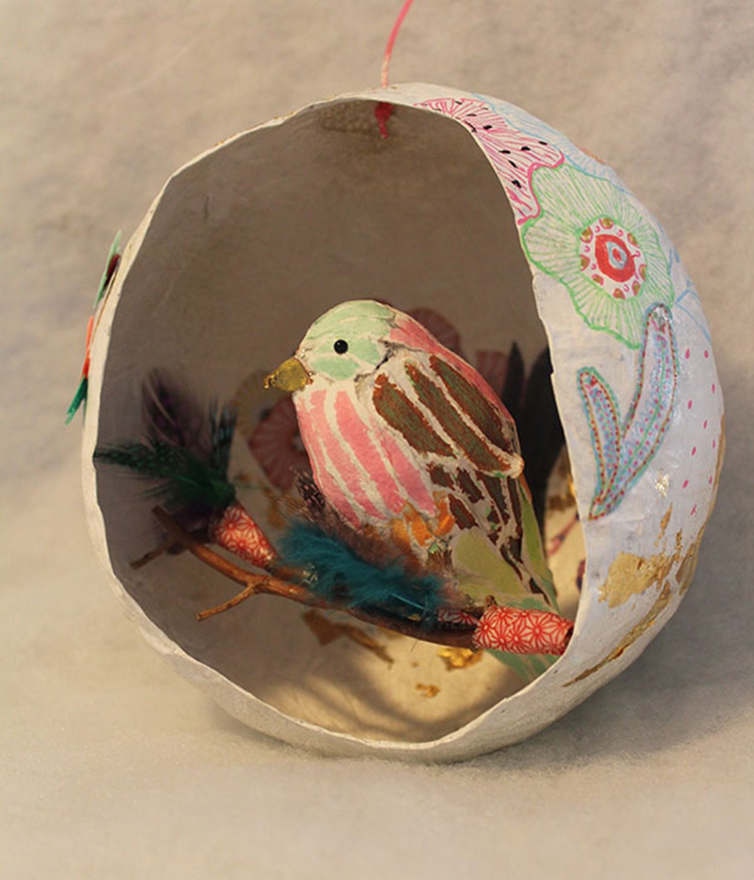 Paper Mache Pink And Green Bird And Nest Etsy paper-mache-pink-and-green-bird-and-nest-etsy
