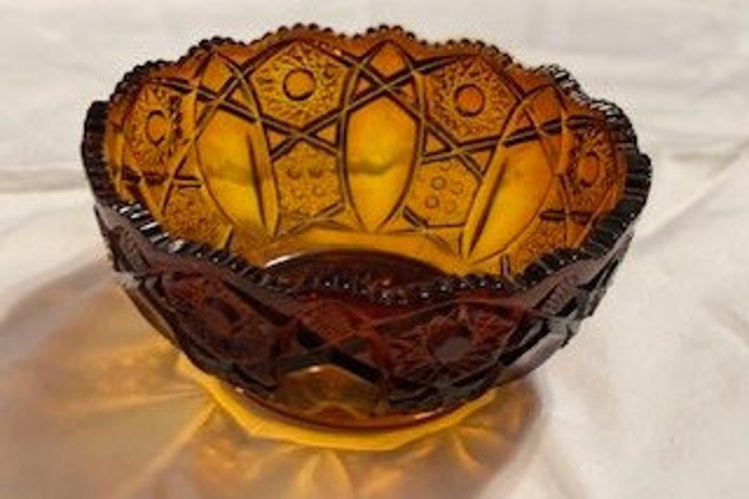 Vintage Amber Glass Bowl. LE Smith Amber Hobstar Serving Bowl. 7 Inch ...