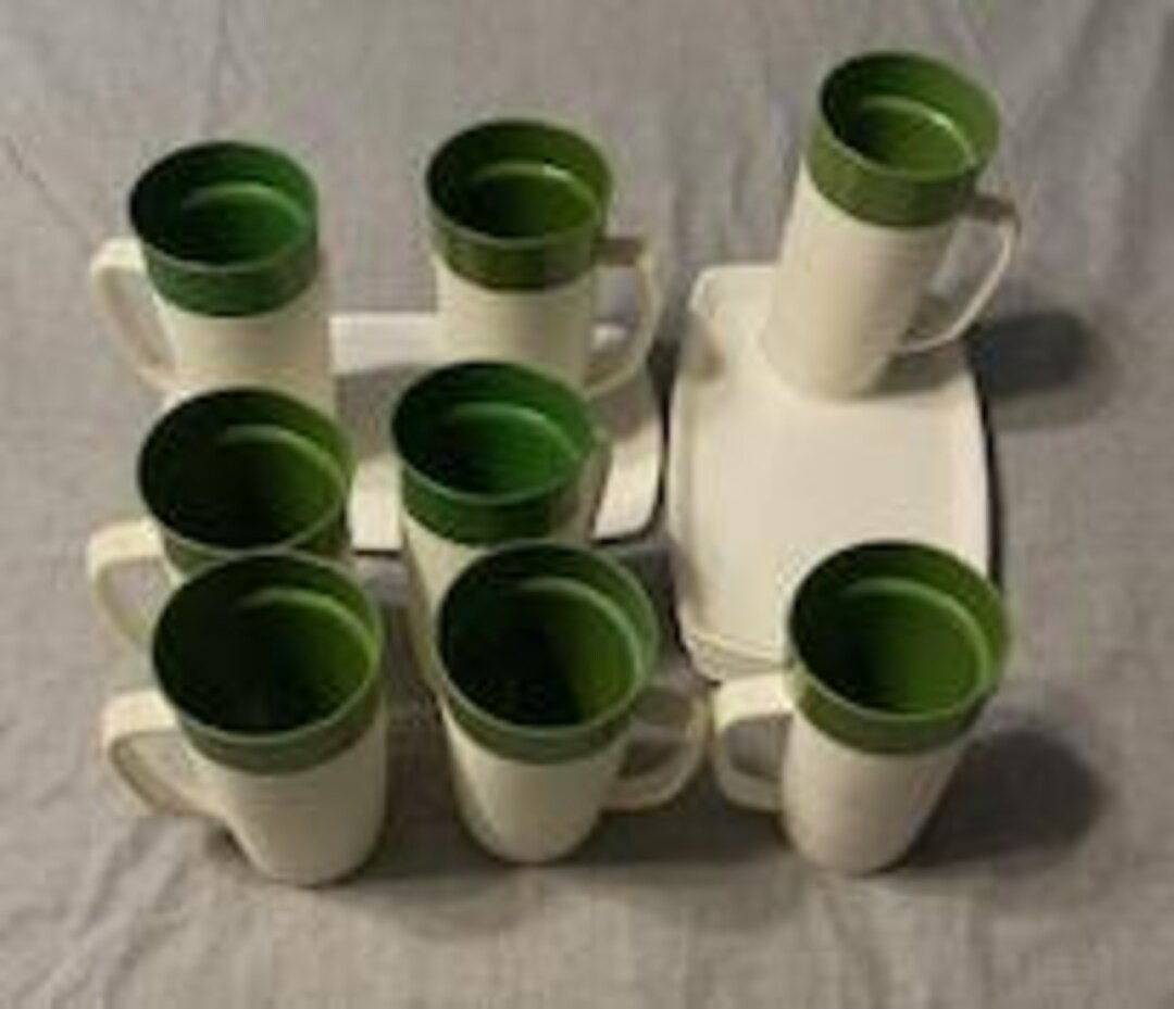 Vintage Thermo Temp Tumbler & Tray Lot. 1960s Raffiaware Set, 8 Green ...